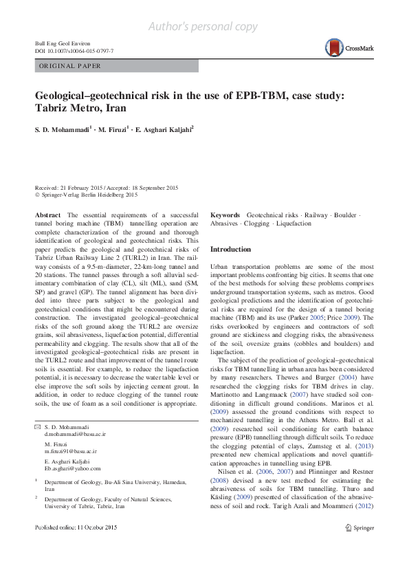 (PDF) Geological–geotechnical risk in the use of EPB-TBM, case study: Tabriz Metro, Iran