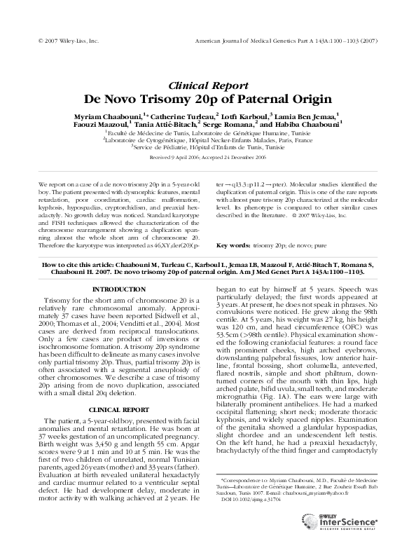 (PDF) De novo trisomy 20p of paternal origin