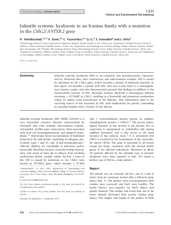 (PDF) Infantile systemic hyalinosis in an Iranian family with a ...