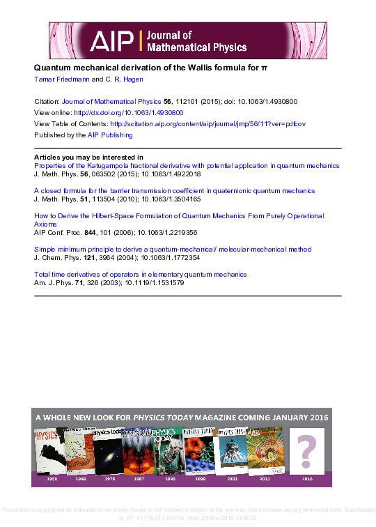 (PDF) Quantum mechanical derivation of the Wallis formula for π