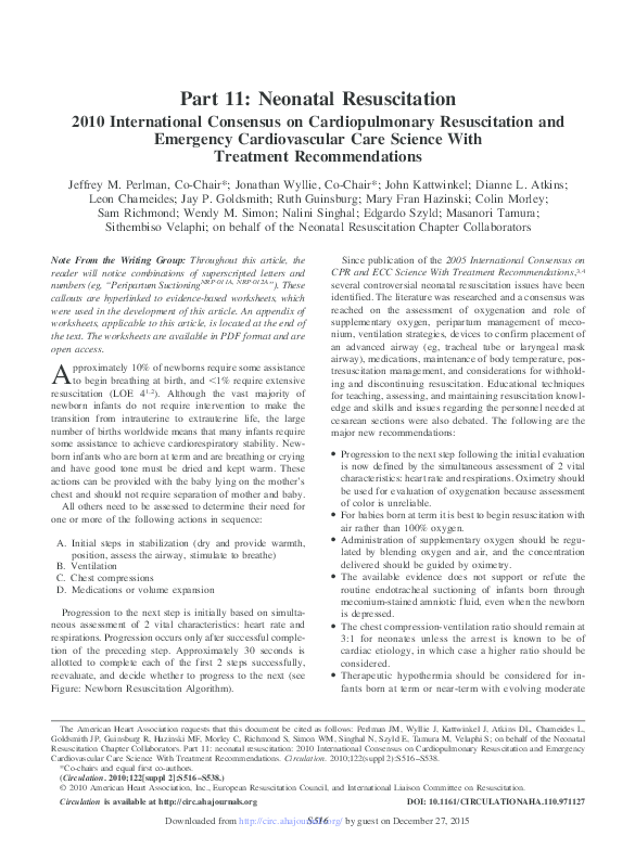 (PDF) Part 11: Neonatal Resuscitation: 2010 International Consensus on Cardiopulmonary ...