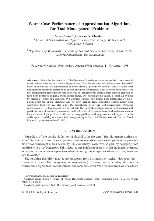 (PDF) Worst‐case performance of approximation algorithms for tool management problems