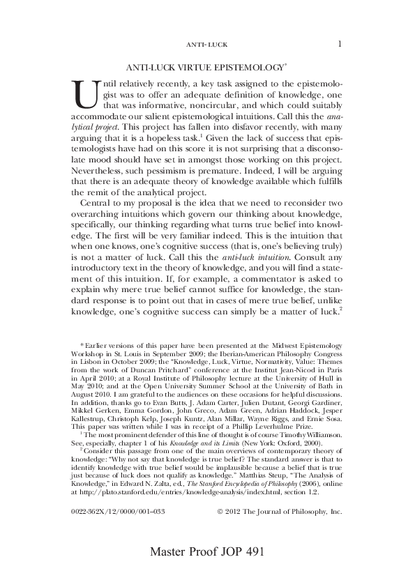 (PDF) Anti-Luck Virtue Epistemology