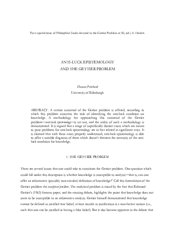 (PDF) Anti-Luck Epistemology and the Gettier Problem