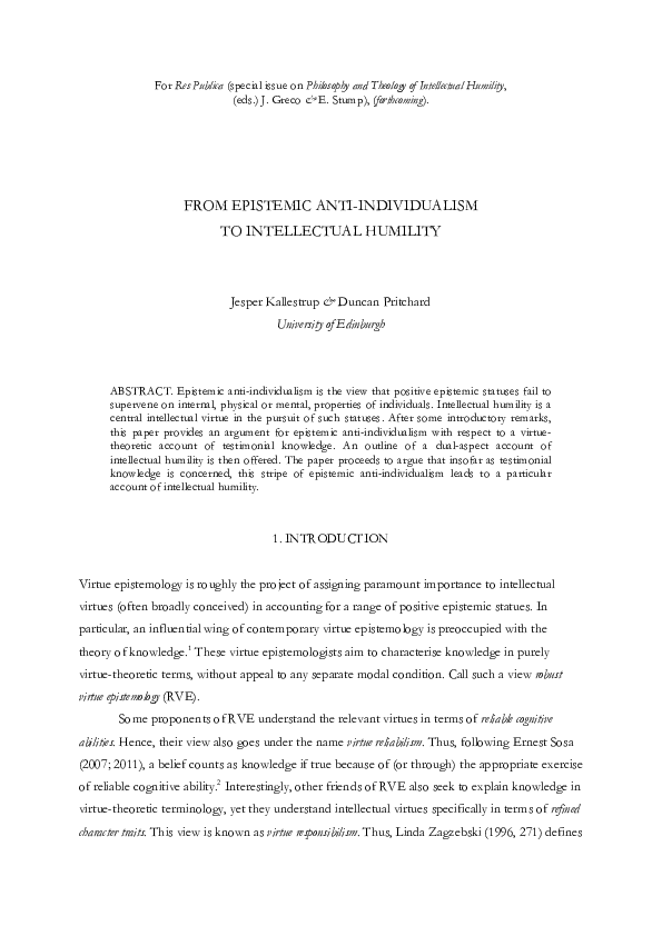 (PDF) From Epistemic Anti-Individualism to Intellectual Humility