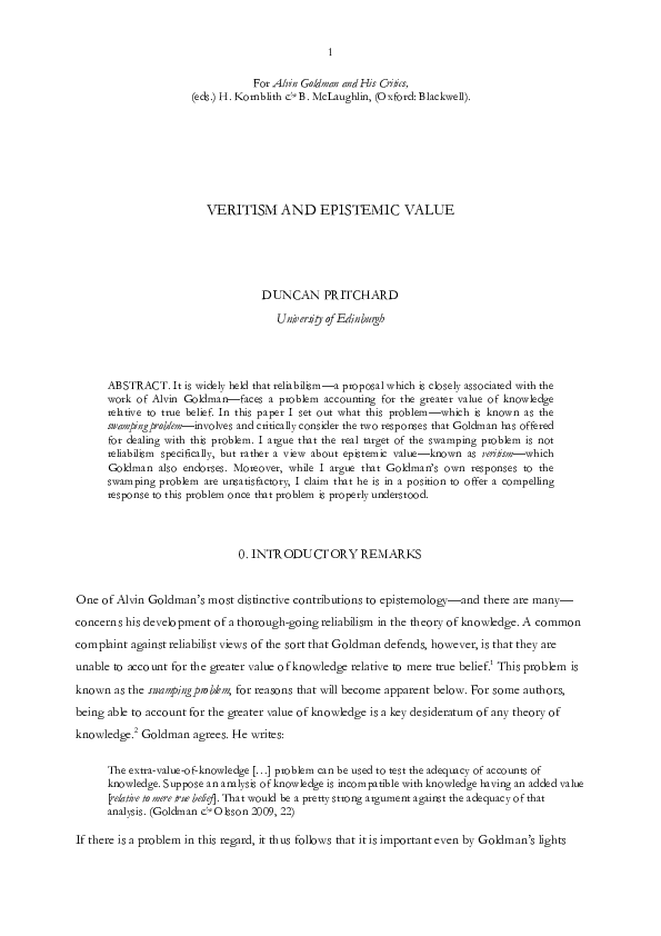 (PDF) Veritism and Epistemic Value