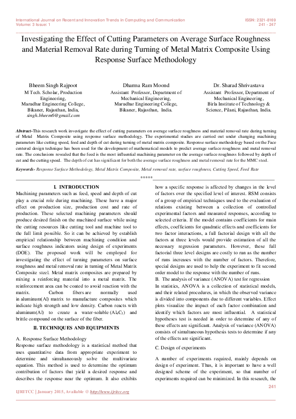 Pdf Investigating The Effect Of Cutting Parameters On Average Surface Roughness And Material