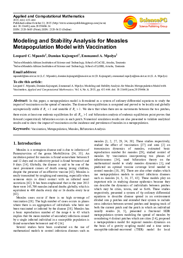 (PDF) Modeling and Stability Analysis for Measles Metapopulation Model with Vaccination