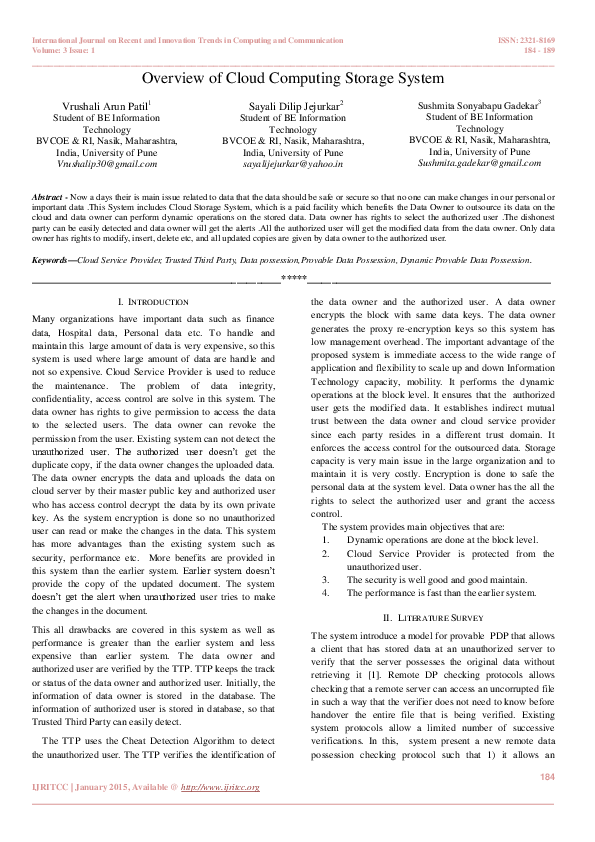 (PDF) Overview of Cloud Computing Storage System