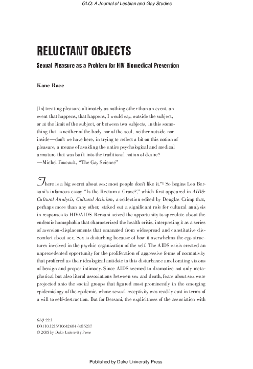 Pdf Reluctant Objects Sexual Pleasure As A Problem For Hiv