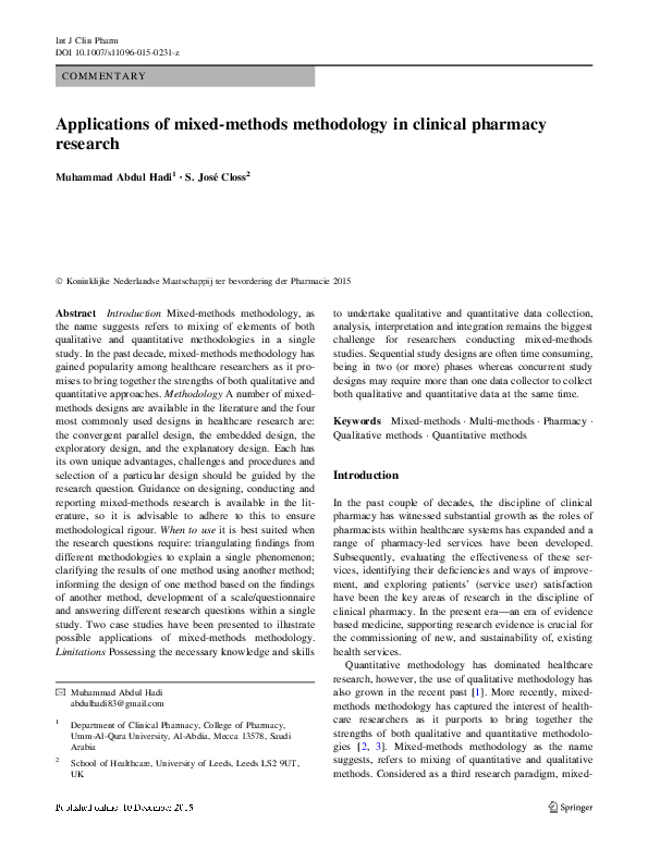 (PDF) Applications of mixed-methods methodology in clinical pharmacy ...