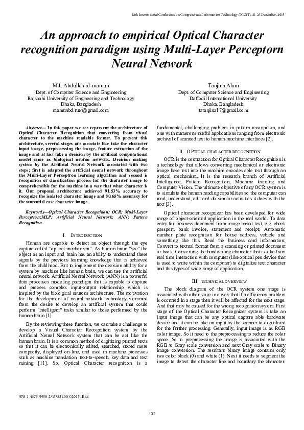 Pdf An Approach To Empirical Optical Character Recognition Paradigm Using Multi Layer