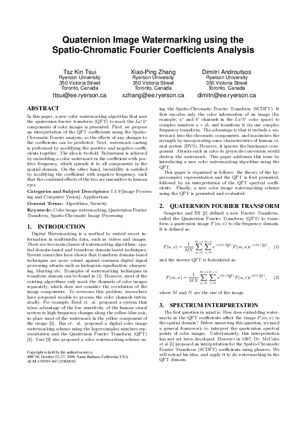 (PDF) Quaternion image watermarking using the spatio-chromatic fourier coefficients analysis