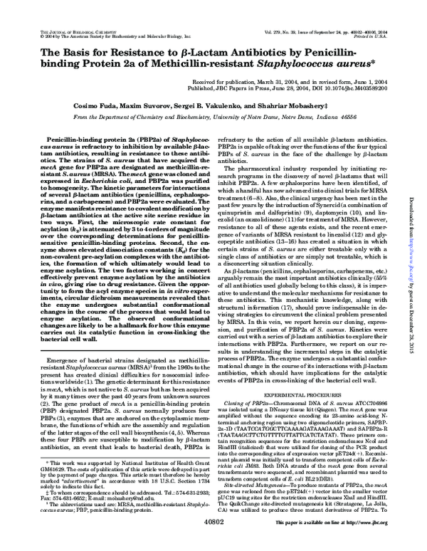(PDF) The basis for resistance to beta-lactam antibiotics by penicillin-binding protein 2a of ...