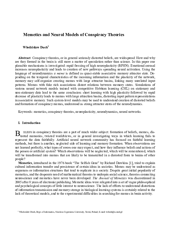 Memetics and Neural Models of Conspiracy Theories | Wlodzislaw Duch ...