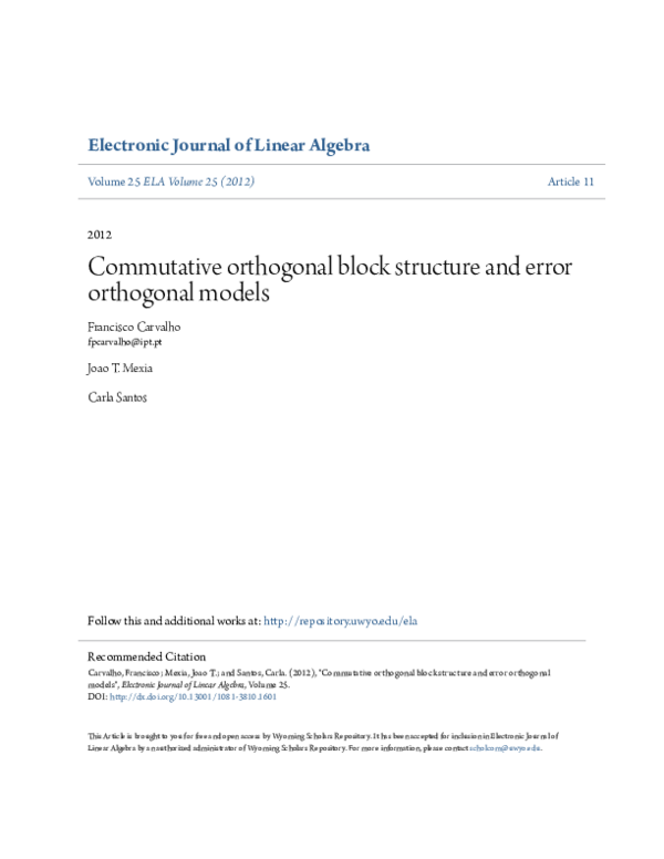 Pdf Commutative Orthogonal Block Structure And Error Orthogonal Models
