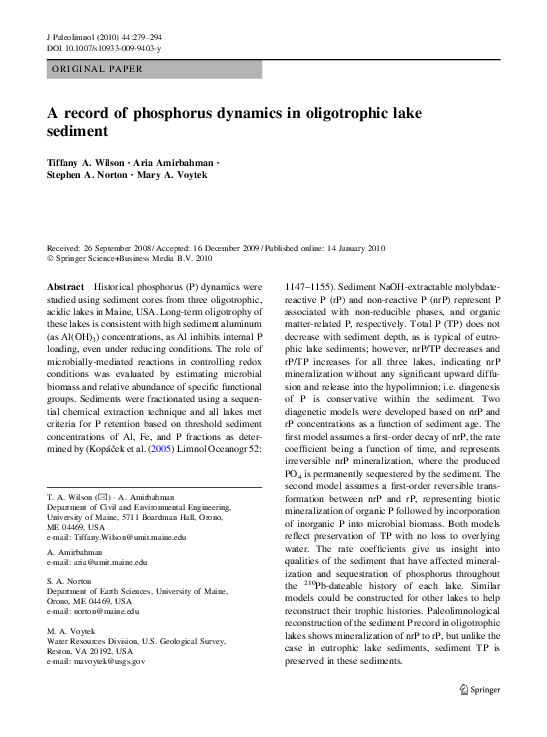 (PDF) A record of phosphorus dynamics in oligotrophic lake sediment