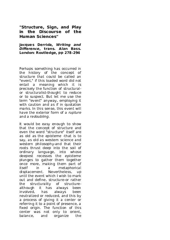 Structure Sign and Play in the Discourse of the Human Sciences Jacques ...