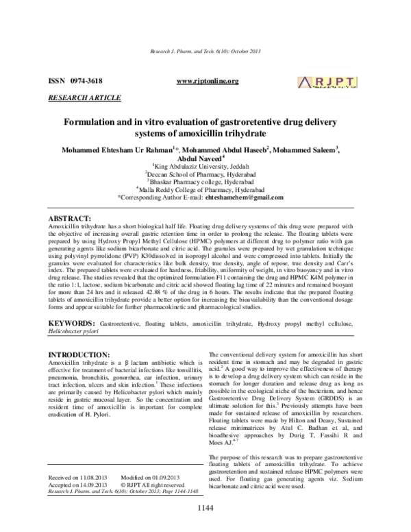 Pdf Formulation And In Vitro Evaluation Of Gastroretentive Drug Delivery Systems Of