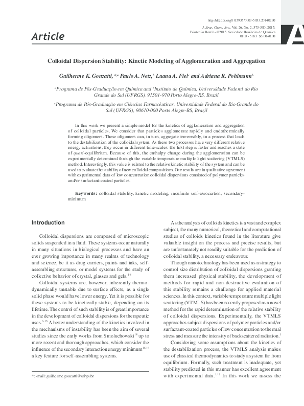 (PDF) Colloidal Dispersion Stability: Kinetic Modeling of Agglomeration ...