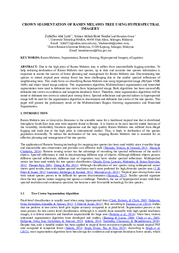 (DOC) CROWN SEGMENTATION OF RAMIN MELAWIS TREE USING HYPERSPECTRAL IMAGERY