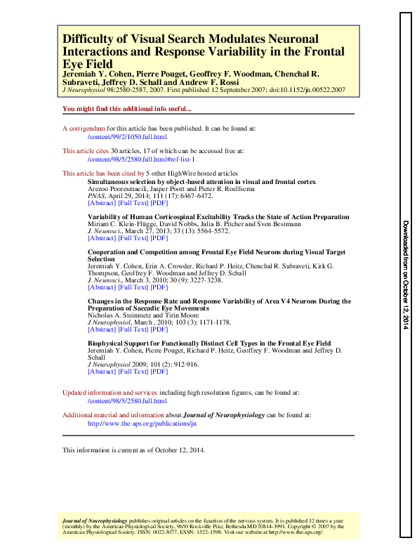 Pdf Difficulty Of Visual Search Modulates Neuronal Interactions And