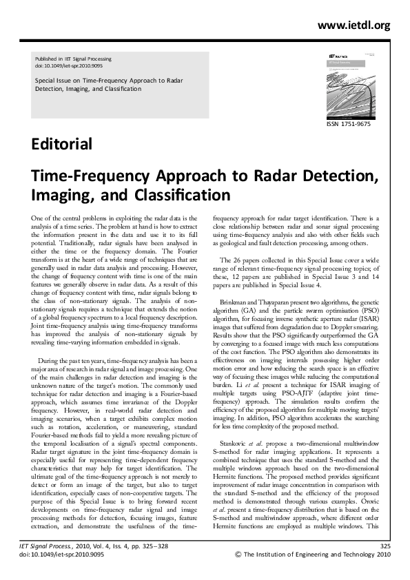 (PDF) Editorial: Time-Frequency Approach to Radar Detection, Imaging ...