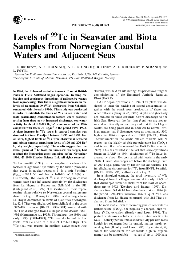 (PDF) Levels of 99Tc in Seawater and Biota Samples from Norwegian ...