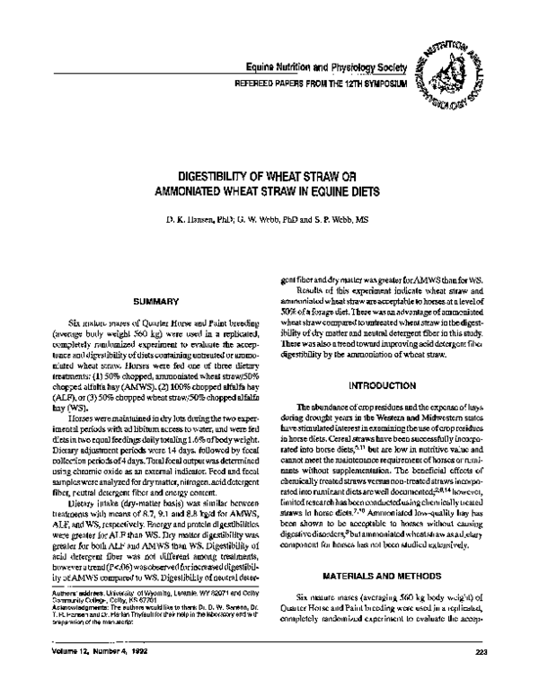 (PDF) Digestibility of wheat straw or ammoniated wheat straw in equine ...