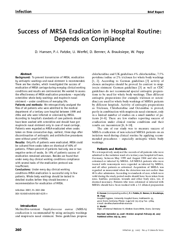 (PDF) Success of MRSA Eradication in Hospital Routine: Depends on ...