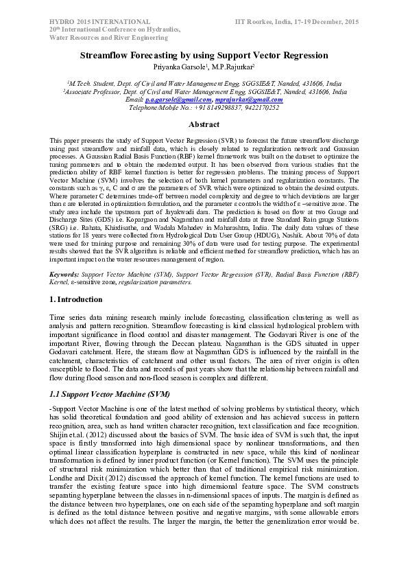Pdf Streamflow Forecasting By Using Support Vector Regression