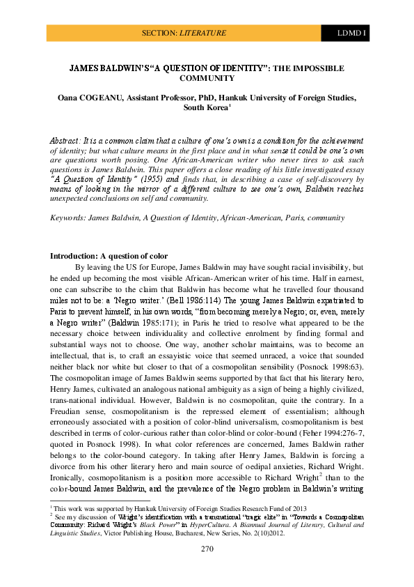 James Baldwin’s A Question of Identity: The Impossible Community