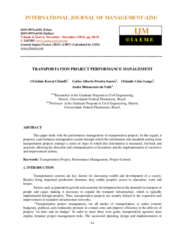 (PDF) TRANSPORTATION PROJECT PERFORMANCE MANAGEMENT