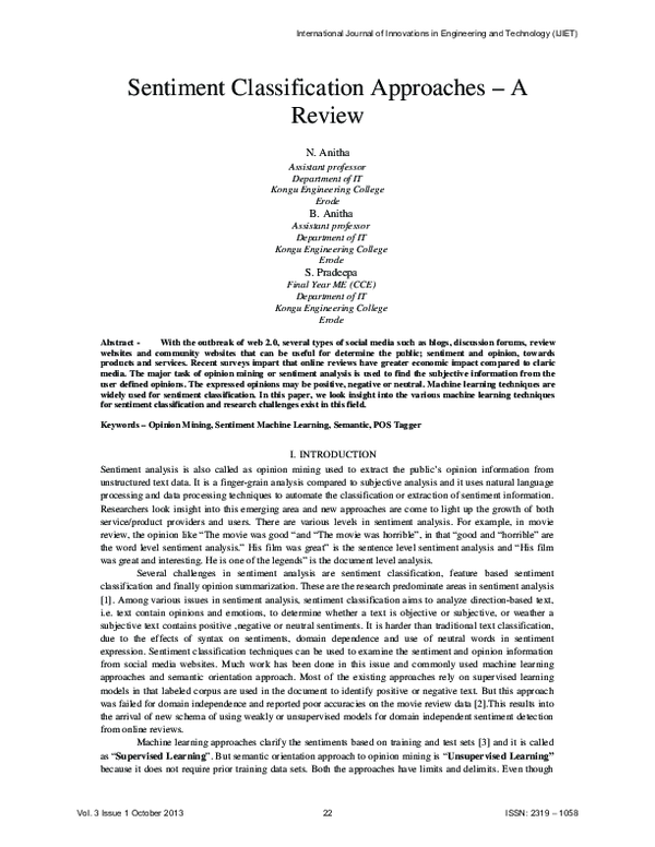 (PDF) Sentiment Classification Approaches – A Review
