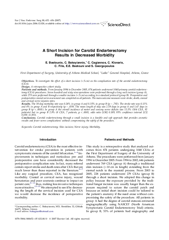 (PDF) A Short Incision for Carotid Endarterectomy Results in Decreased ...