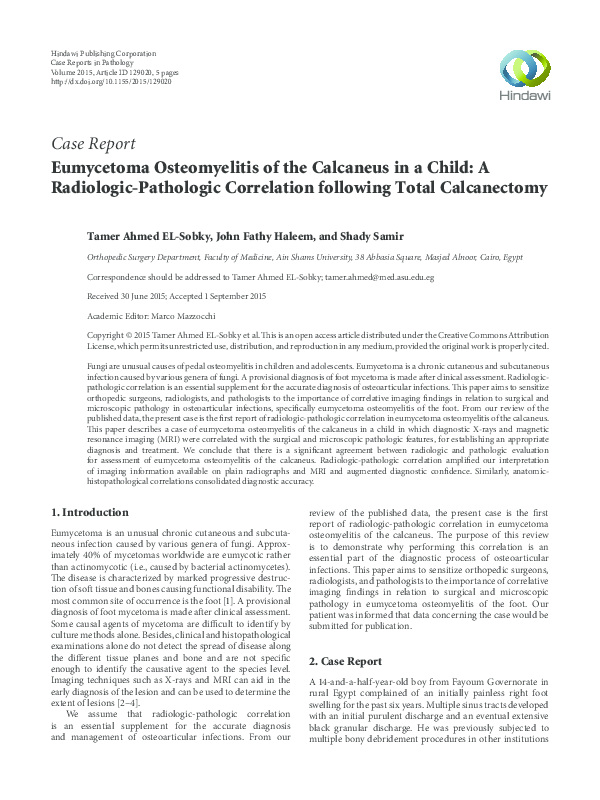 (PDF) Eumycetoma Osteomyelitis of the Calcaneus in a Child: A ...