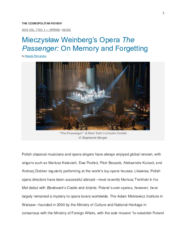 (PDF) Mieczysław Weinberg’s Opera 'The Passenger': On Memory and Forgetting