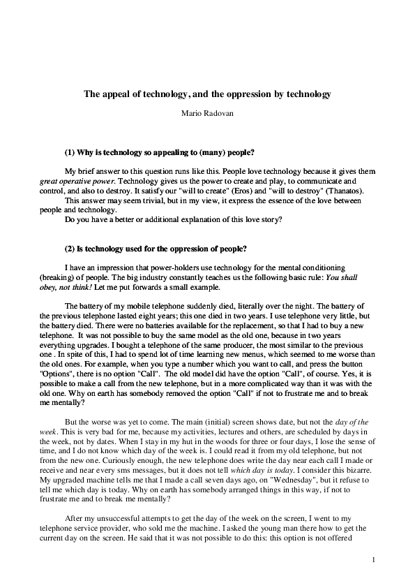 (PDF) The appeal of technology, and the oppression by technology