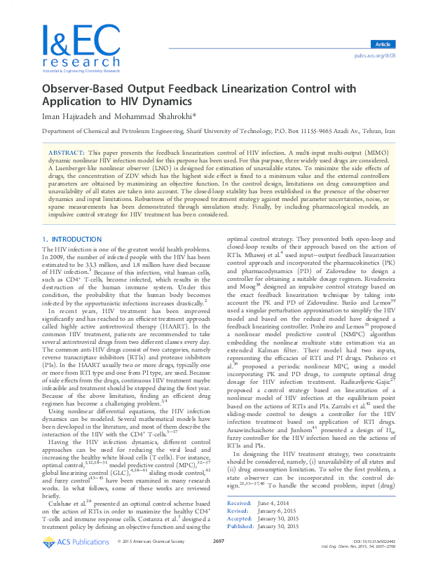 Pdf Observer Based Output Feedback Linearization Control With Application To Hiv Dynamics