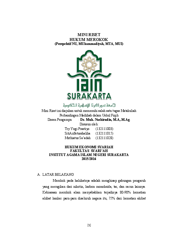 (PDF) Hukum Merokok dalam Perspektif MTA, Muhammadiyah, NU, dan MUI