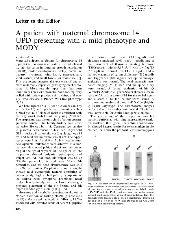 (PDF) A patient with maternal chromosome 14 UPD presenting with a mild ...