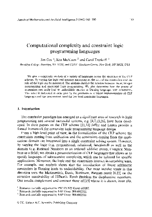 (PDF) Computational complexity and constraint logic programming languages (PDF) Computational complexity and constraint logic programming languages