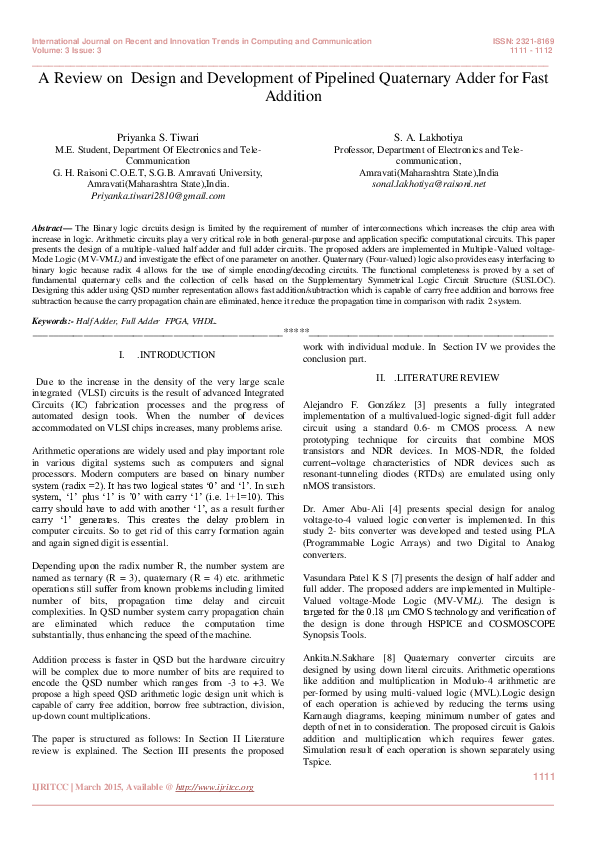 Pdf A Review On Design And Development Of Pipelined Quaternary Adder For Fast Addition