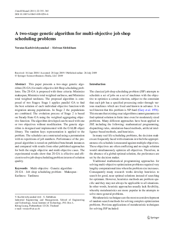 Pdf A Two Stage Genetic Algorithm For Multi Objective Job Shop Scheduling Problems