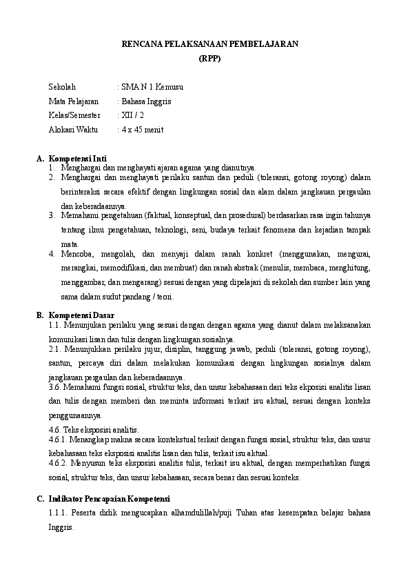 (DOC) English Lesson Plan of Indonesia 2013 Curriculum