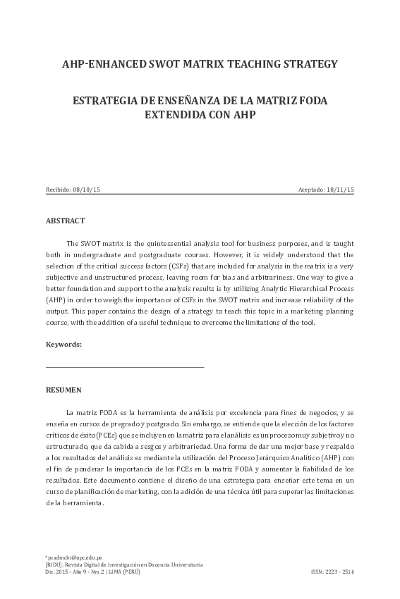 (PDF) AHP-ENHANCED SWOT MATRIX TEACHING STRATEGY