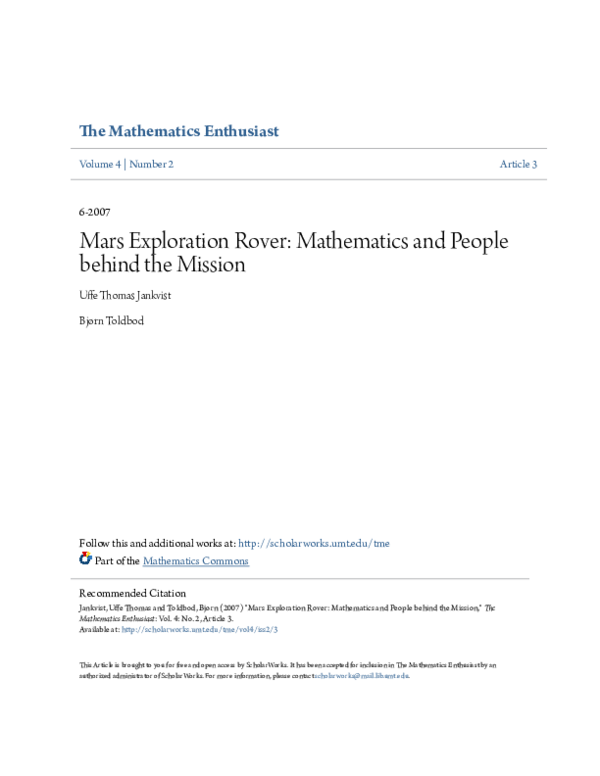 (PDF) Mars Exploration Rover: Mathematics and People behind the Mission