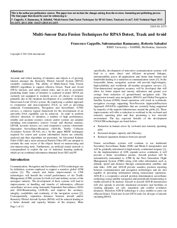 (PDF) Multi-Sensor Data Fusion Techniques for RPAS Detect, Track and Avoid