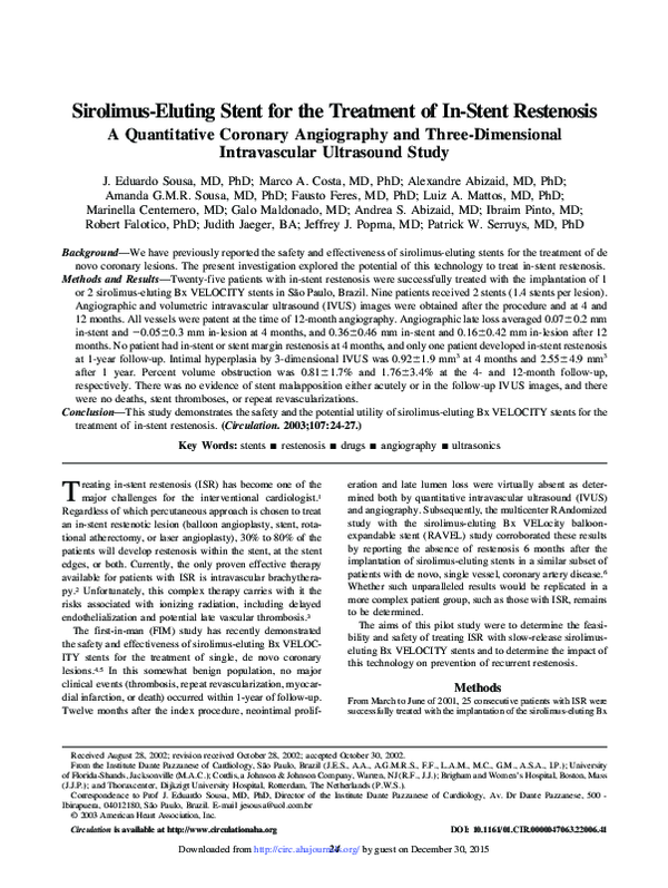 (PDF) Sirolimus-Eluting Stent for the Treatment of In-Stent Restenosis ...