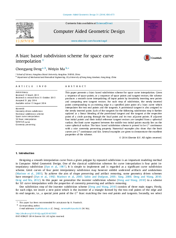 (PDF) A biarc based subdivision scheme for space curve interpolation | chongyang deng - Academia.edu